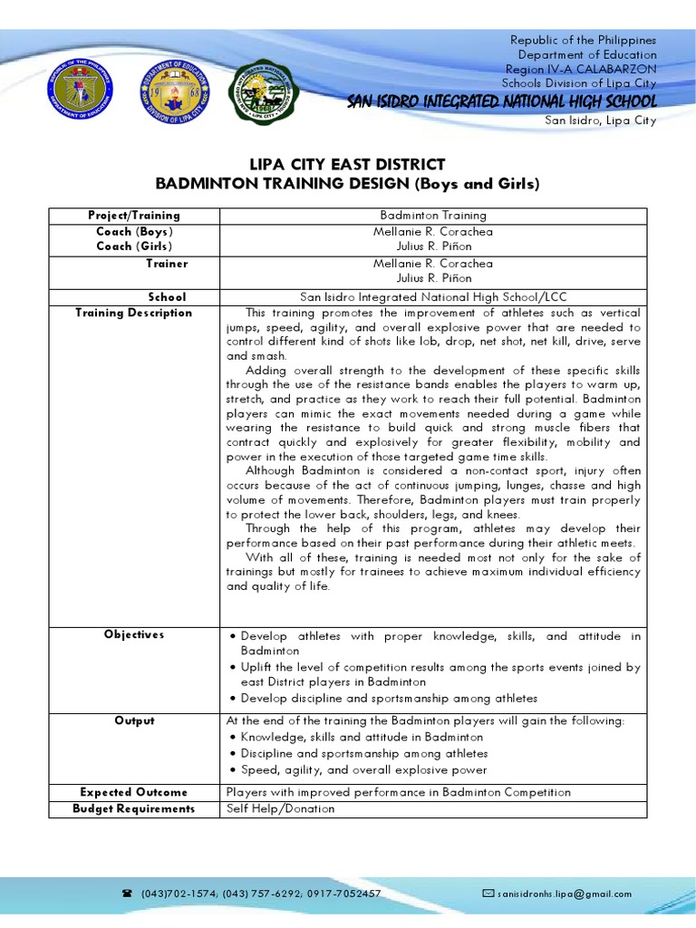 Lipa City East District Badminton Training Design (Boys and Girls ...