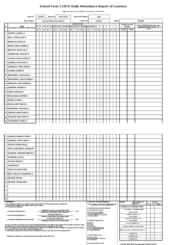 School Form 2 (SF2) Daily Attendance Report of Learners | PDF
