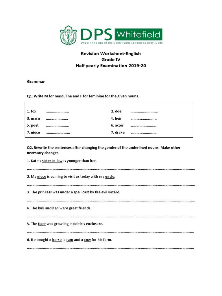 Revision Worksheet-English Grade IV Half Yearly Examination 2019-20 ...