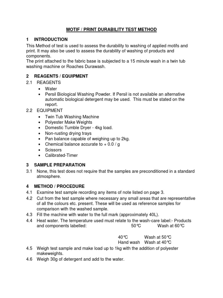 Motif / Print Durability Test Method 1 | PDF | Washing Machine | Materials