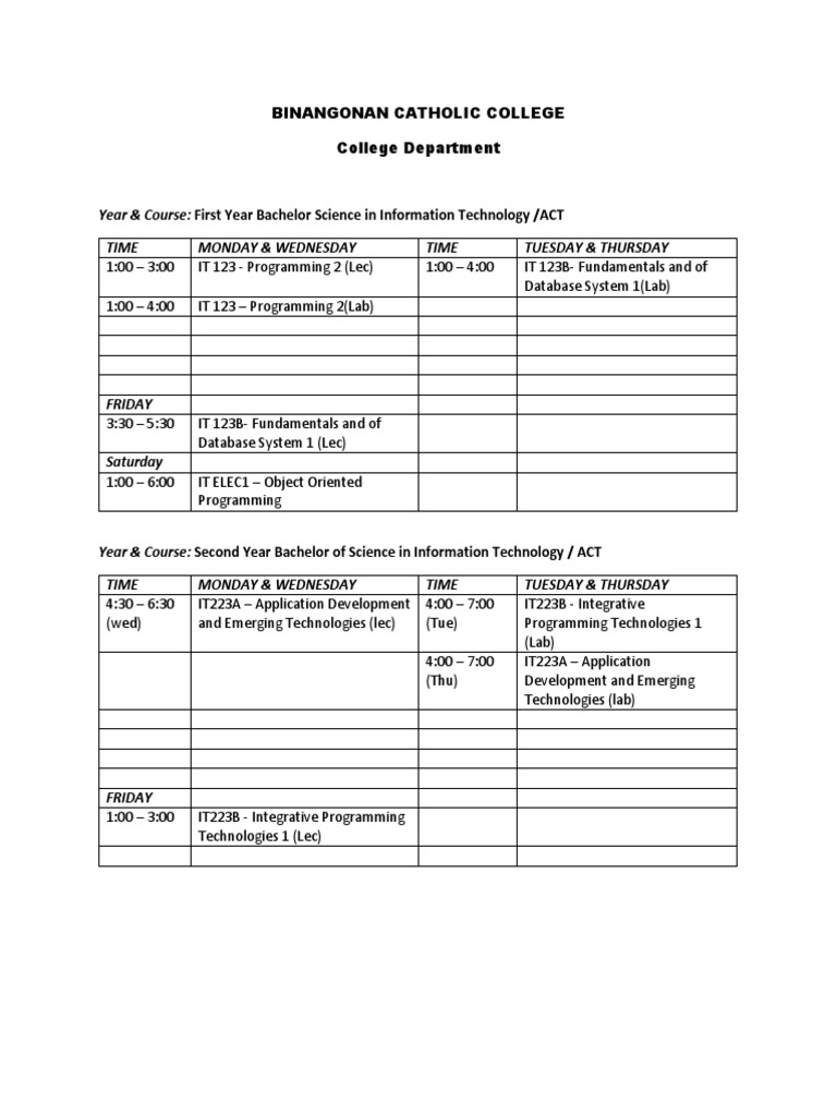 Subject Sched. Template Bsit Only | Download Free PDF | Information ...