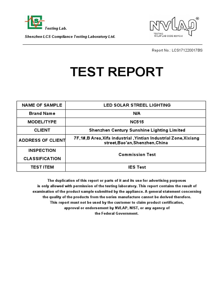 Test Report: Testing Lab. Shenzhen LCS Compliance Testing Laboratory ...