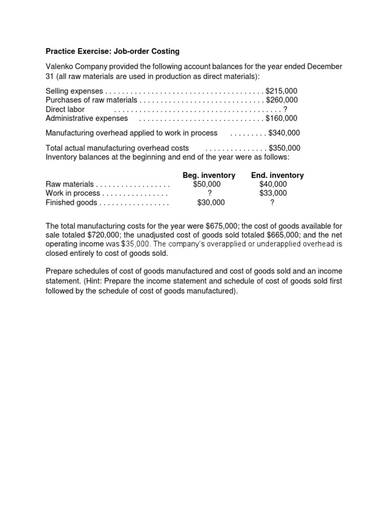 Job Order Costing Practice Exercise Pdf