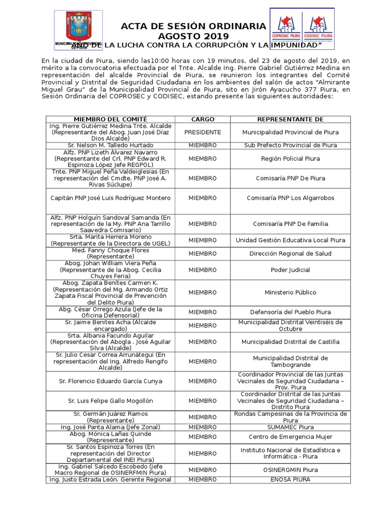 ACTA COPROSEC Y CODISEC DE SESIÓN ORDINARIA Agosto 2019.doc | PDF | Policía | Alcalde