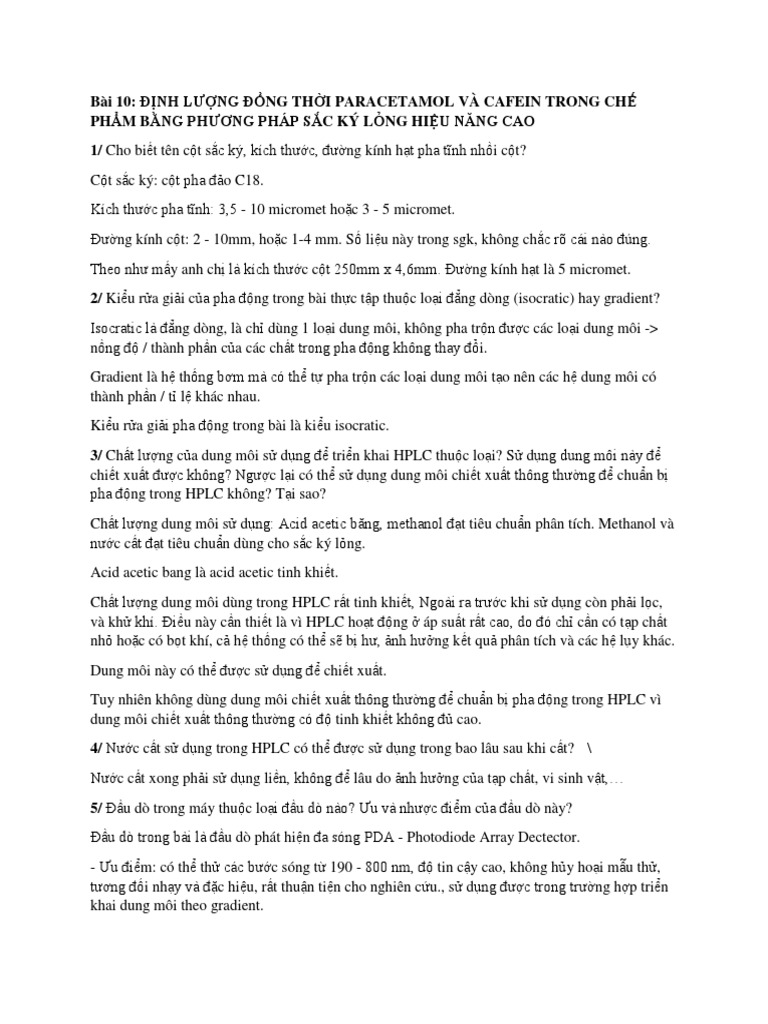 Bài 10 - Định Lượng Đồng Thời Paracetamol Và Cafein Trong Chế Phẩm Bằng Phương Pháp Sắc Ký Lỏng ...