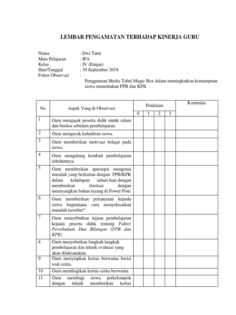Contoh Lembar Pengamatan Guru materi KPK dan FPB