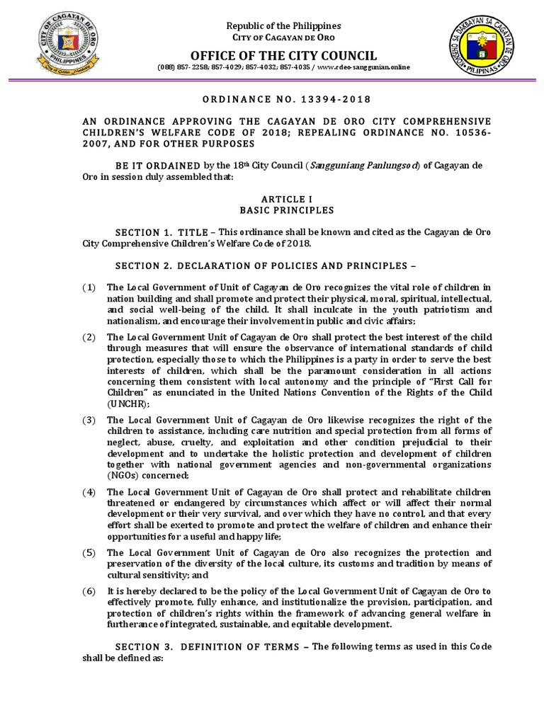 CDO Children's Welfare Code 2018 | PDF | Child Abuse | Legal Guardian