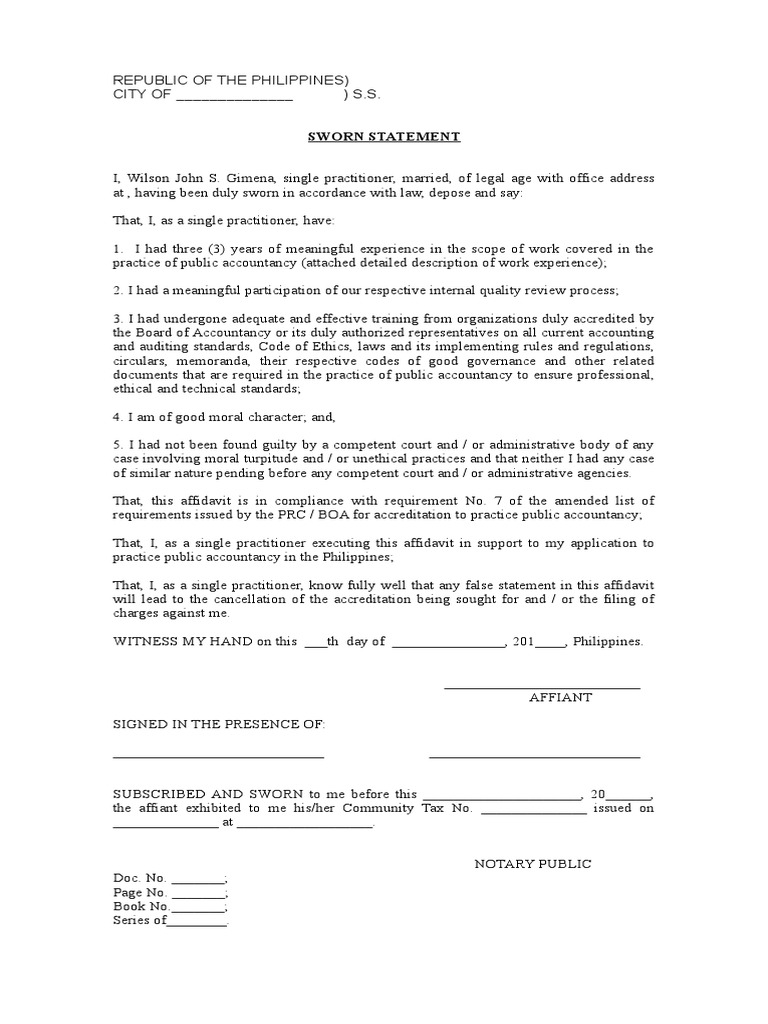 Sworn Statement For Boa Accreditation | PDF | Affidavit | Accounting