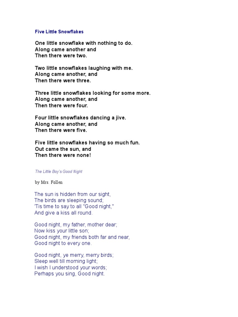 Five Little Snowflakes: by Mrs. Follen | PDF