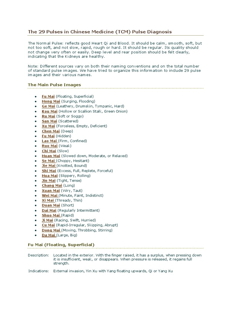 The 29 Pulses in Chinese Medicine (TCM) Pulse Diagnosis | PDF | Pulse ...