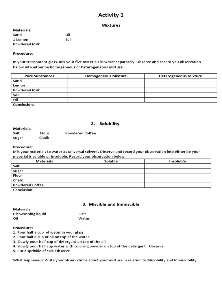 An Analysis of Mixtures Through Hands-On Experiments | PDF