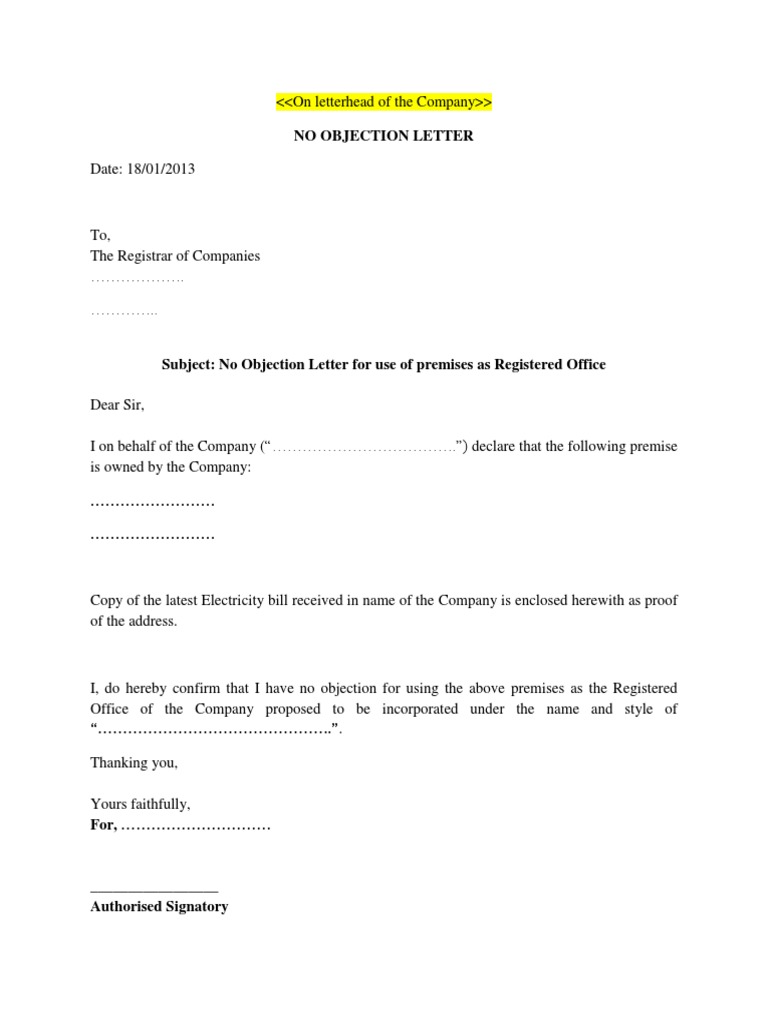 No Objection Letter - Draft | PDF | Finance & Money Management | Law