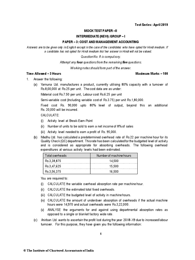 Cost Management Accounting Question Paper MTP Series II New Syllabus ...
