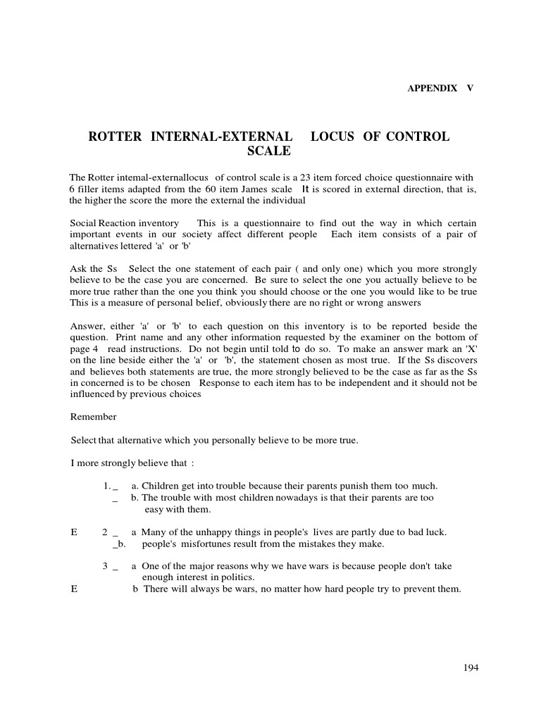 Rotter Locus of Control | PDF | Behavioural Sciences | Psychological ...