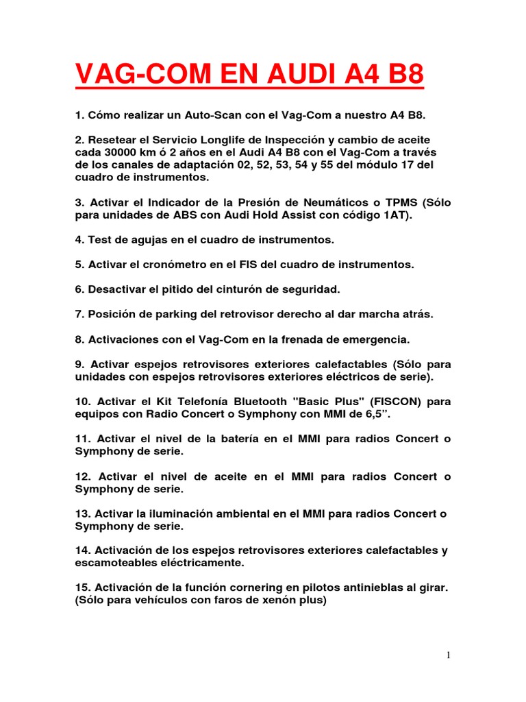 Guía completa de funciones y activaciones con VAG-COM en Audi A4 B8 | PDF | Poco | Byte