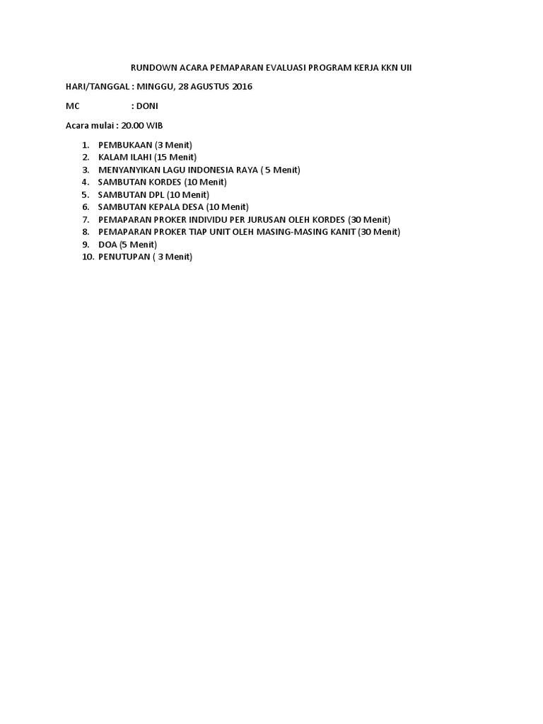 Rundown Acara Pemaparan Evaluasi Program Kerja KKN Uii | PDF | Seni