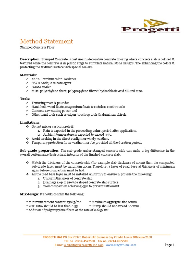 Method Statement For Stamped Concrete | PDF | Concrete | Building ...