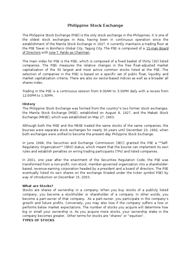 Philippine Stock Exchange Overview | PDF | Stocks | Securities (Finance)