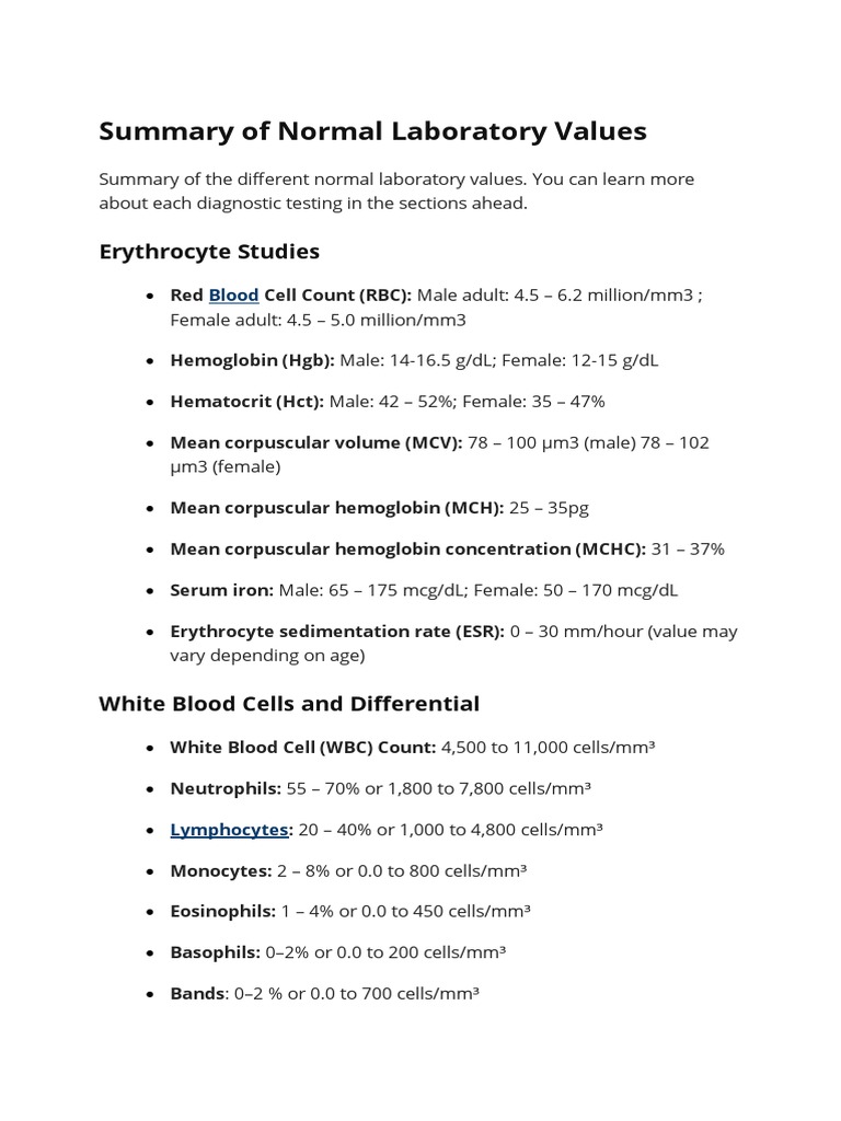 Normal Laboratory Values Overview | PDF | White Blood Cell | Coagulation