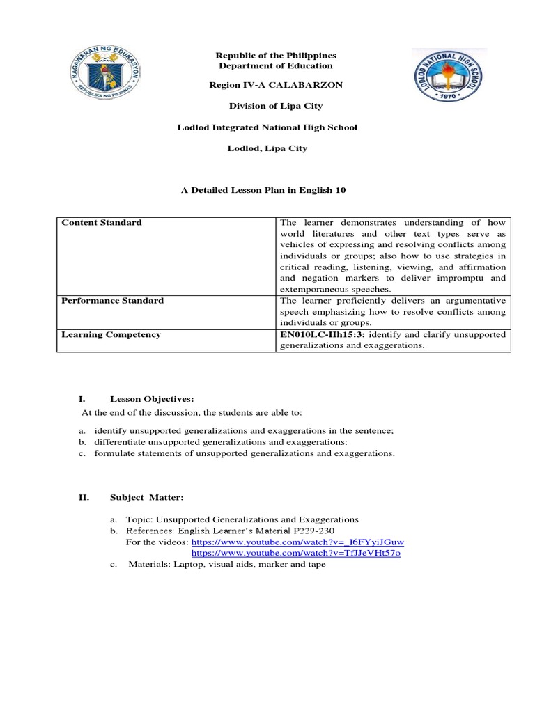 Unsupported Generalization and Exaggeration Lesson Plan | PDF | Lesson ...