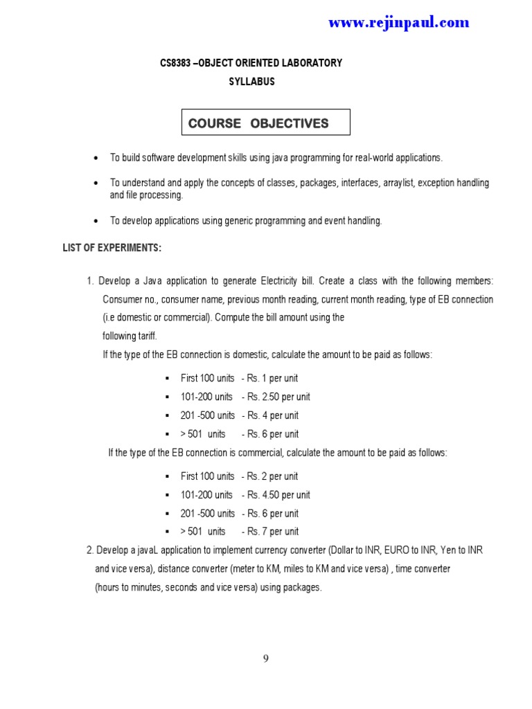 CS8383 Lab Syllabus - Object Oriented Programming Experiments | PDF | Computer File | Class ...
