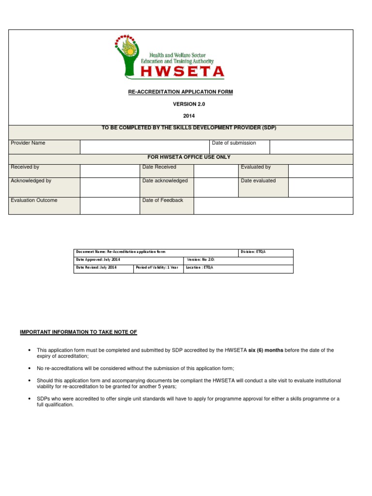 Re-Accreditation Application Form 2014 To Be Completed by The Skills ...