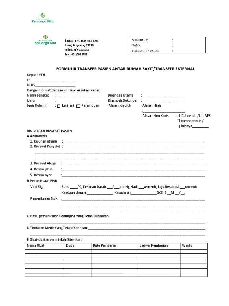 Formulir Transfer Pasien Antar Rumah Sakit | PDF