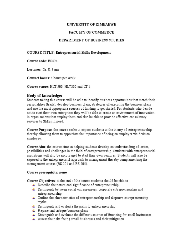 BS 209-Entrepreneurship Course Outline | PDF | Entrepreneurship | Business