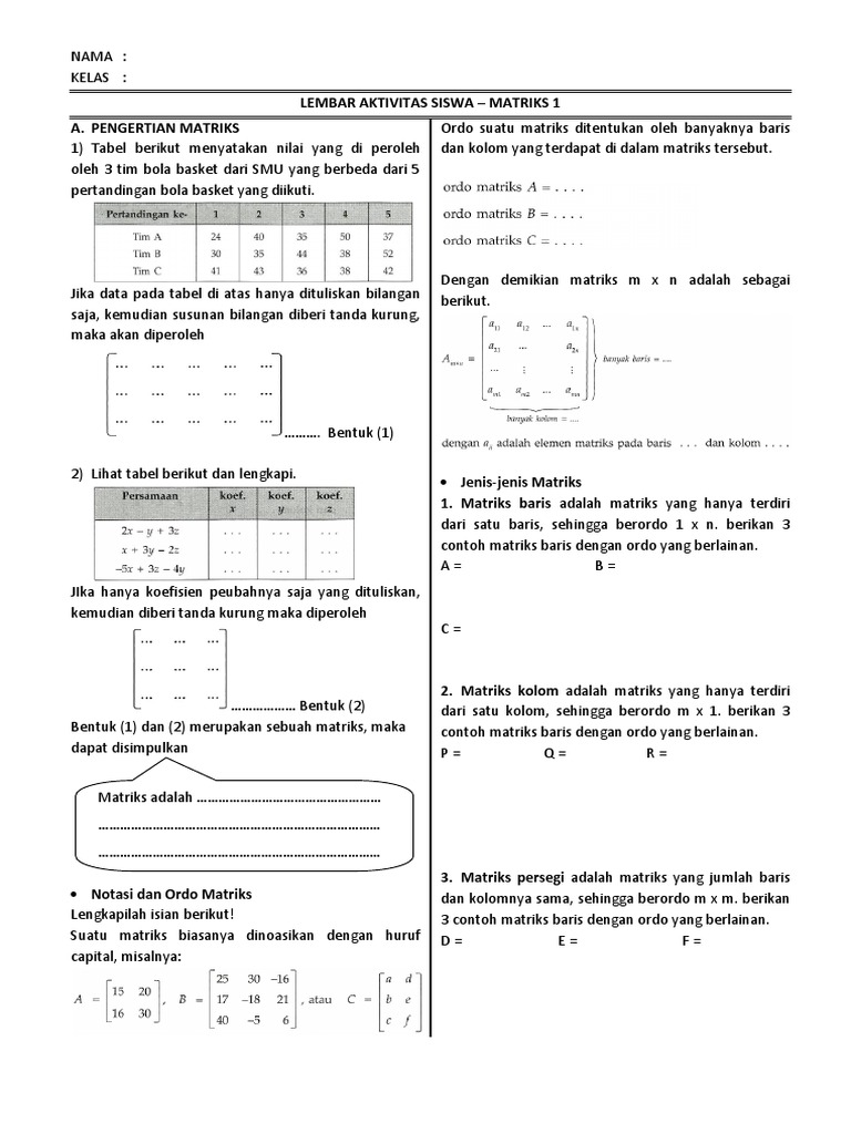 1 Las Pengertian Matriks Jenis Jenis Matriks Determinan Matriks Operasi ...
