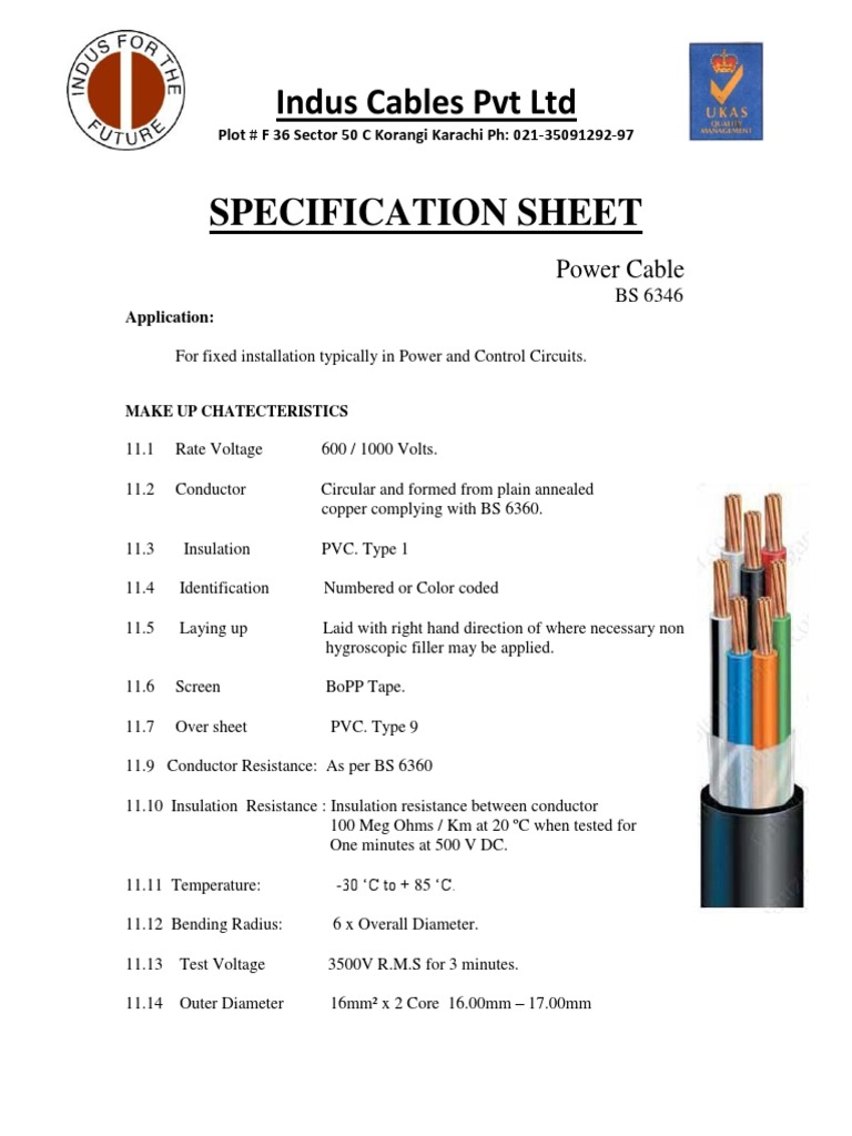Power Cable Specification Sheet | PDF | Technology & Engineering