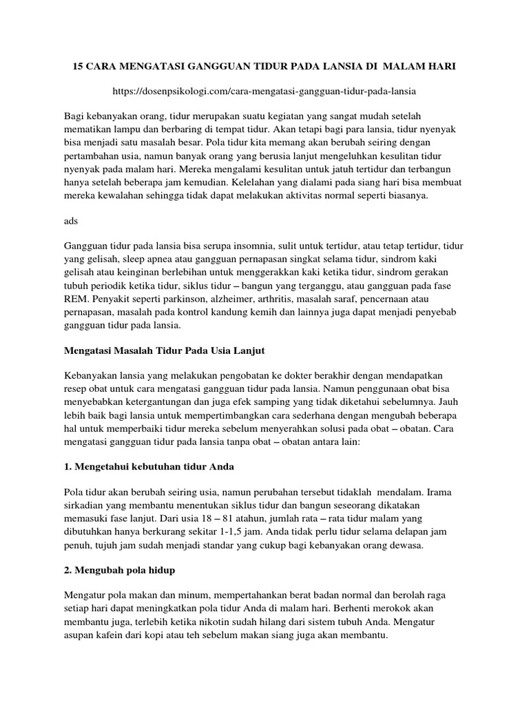 15 Cara Mengatasi Gangguan Tidur Pada Lansia Di Malam Hari | PDF | Pengembangan Diri | Kesehatan ...