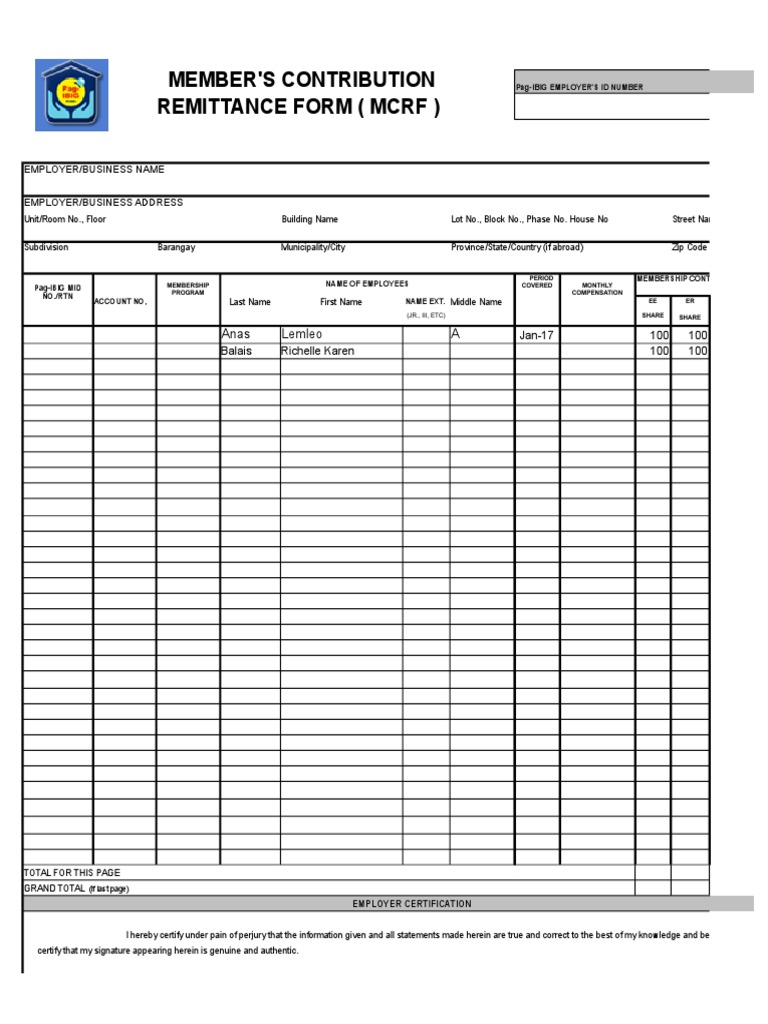 Member'S Contribution Remittance Form (MCRF) : Anas Lemleo A | PDF ...