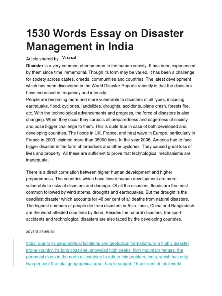 1530 Words Essay On Disaster Management in India | PDF | Natural ...