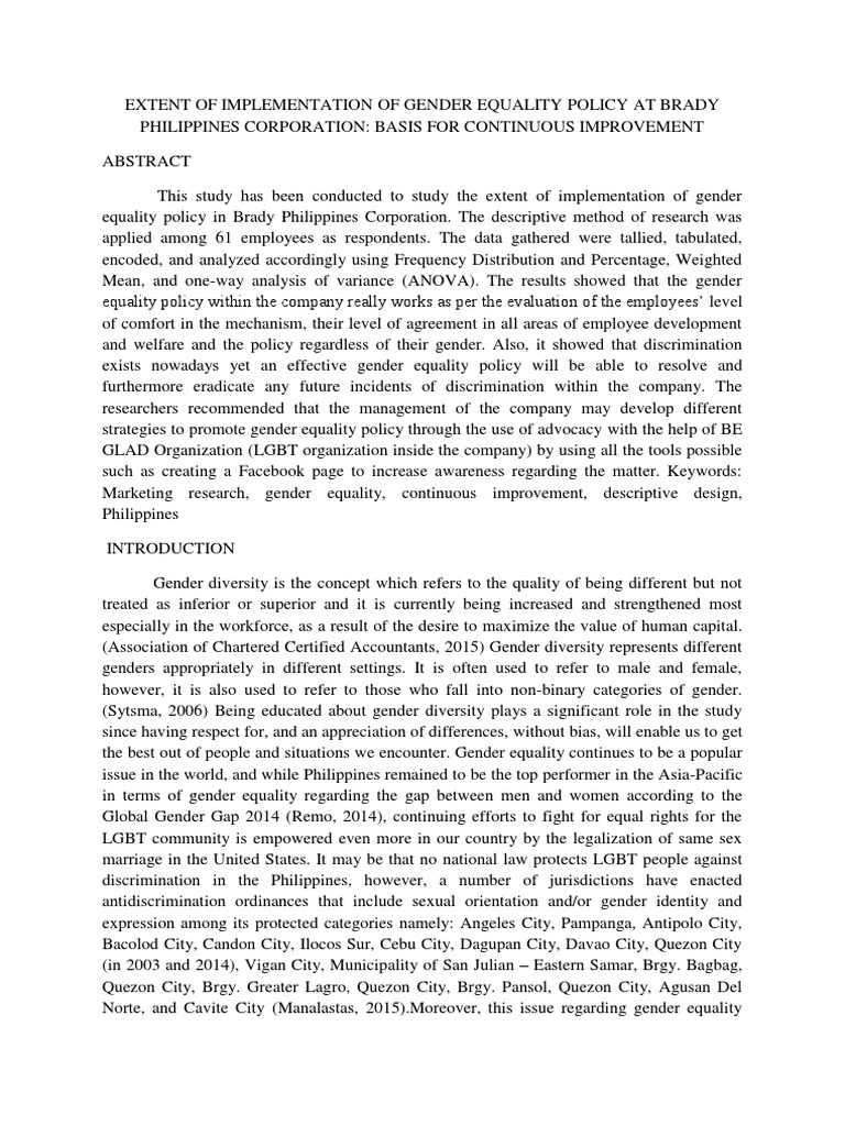 Extent of Implementation of Gender Equality Policy at Brady Philippines ...