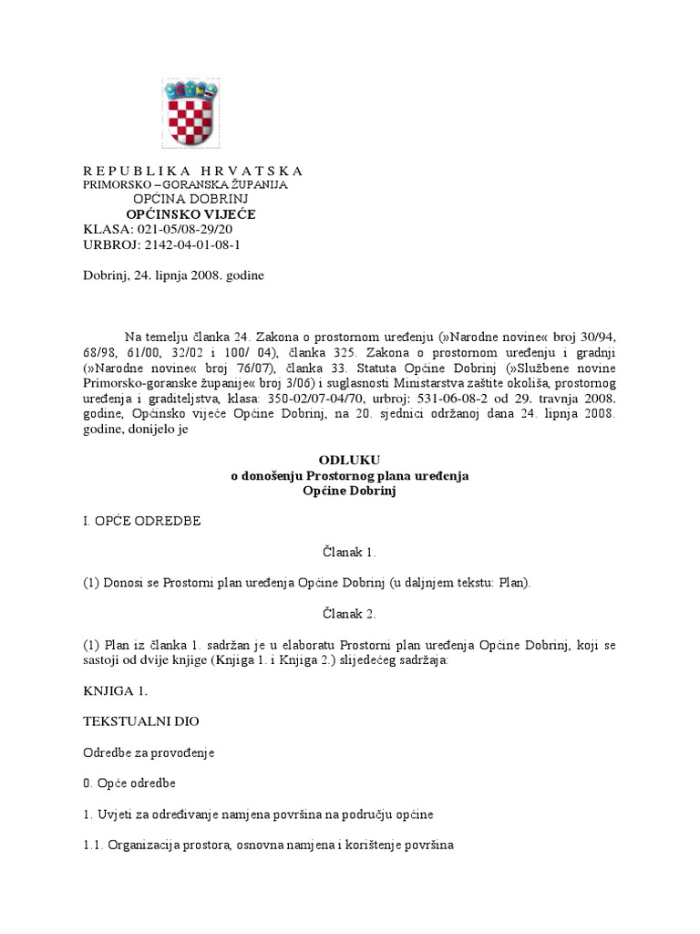 Prostorni Plan Uredenja Opcina Dobrinj | PDF