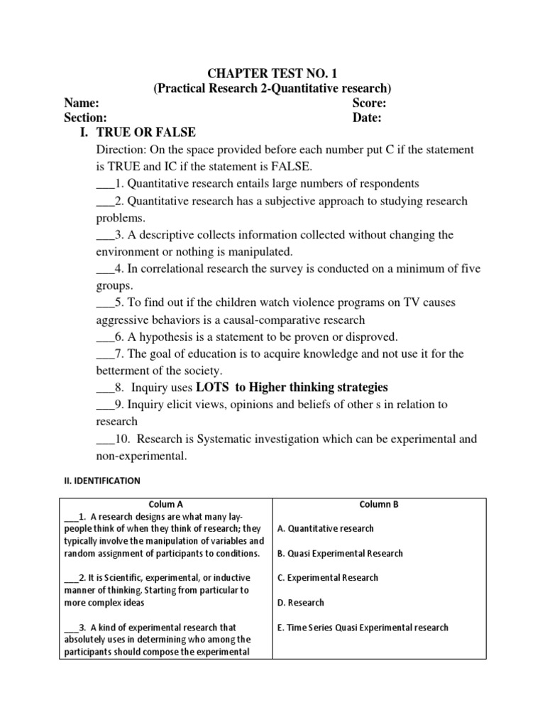 Chapter Test No. 1 (Practical Research 2-Quantitative Research) Name ...