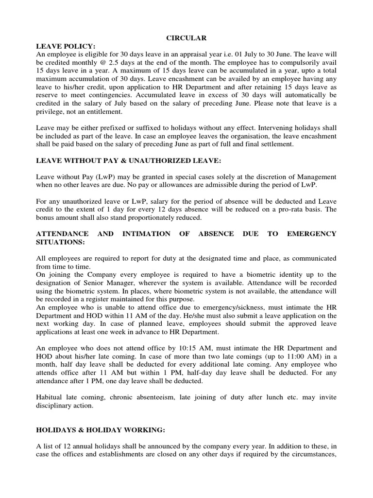 Circular Leave Policy | PDF | Salary | Government