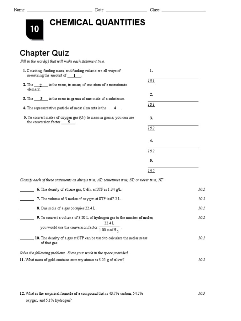 Chemical Quantities: Chapter Quiz | PDF | Mole (Unit) | Gases