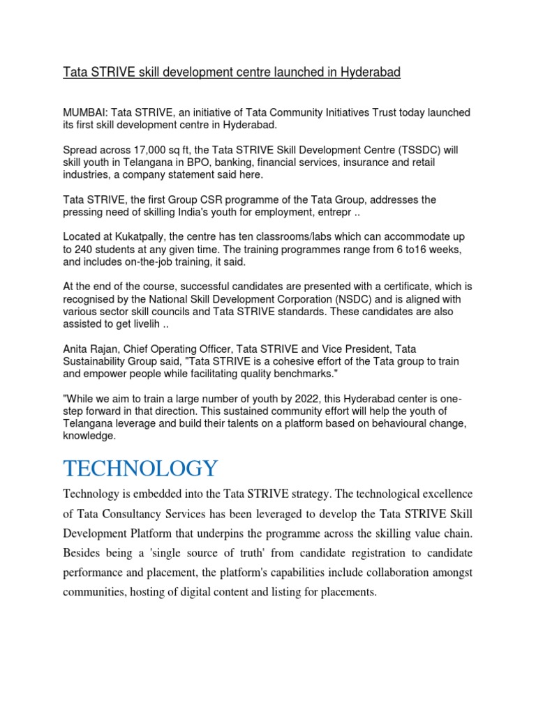 Tata STRIVE Skill Center Opens in Hyderabad | PDF | Simulation | Economies