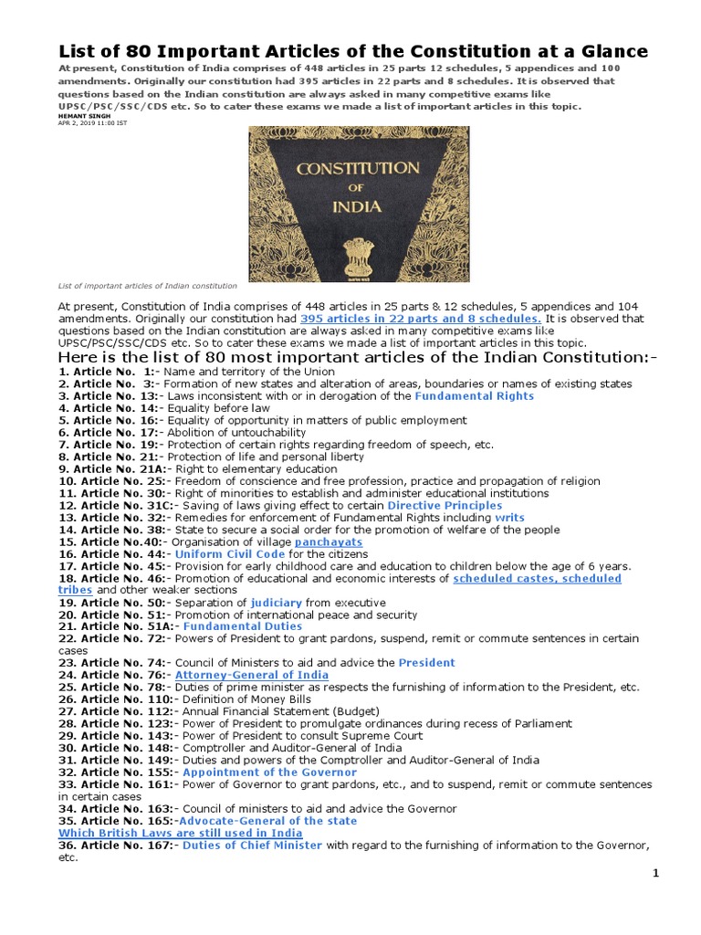 List of 80 Important Articles of The Constitution at A Glance | PDF | U ...