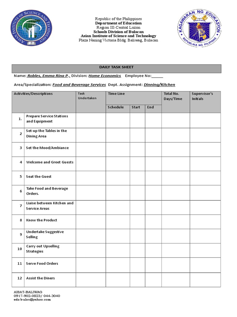 Daily Task Sheet | PDF
