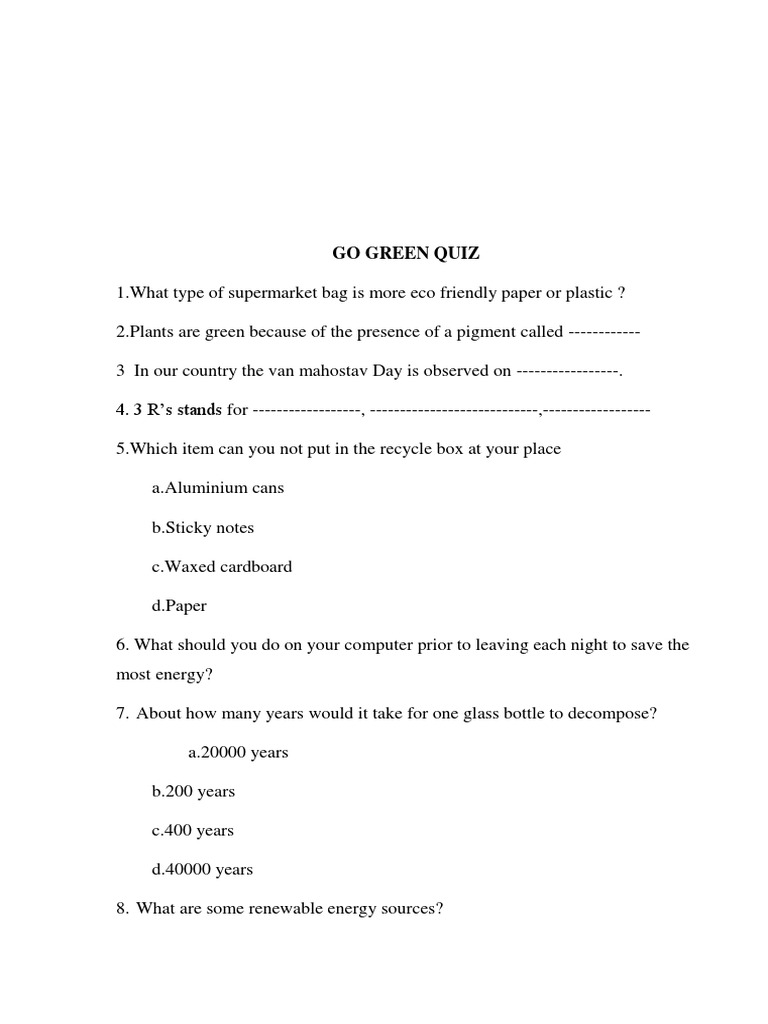 Go Green Quiz: Test Your Eco Knowledge | PDF | Science & Mathematics