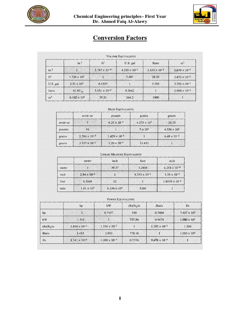 Conversion Factors: Chemical Engineering Principles - First Year Dr ...