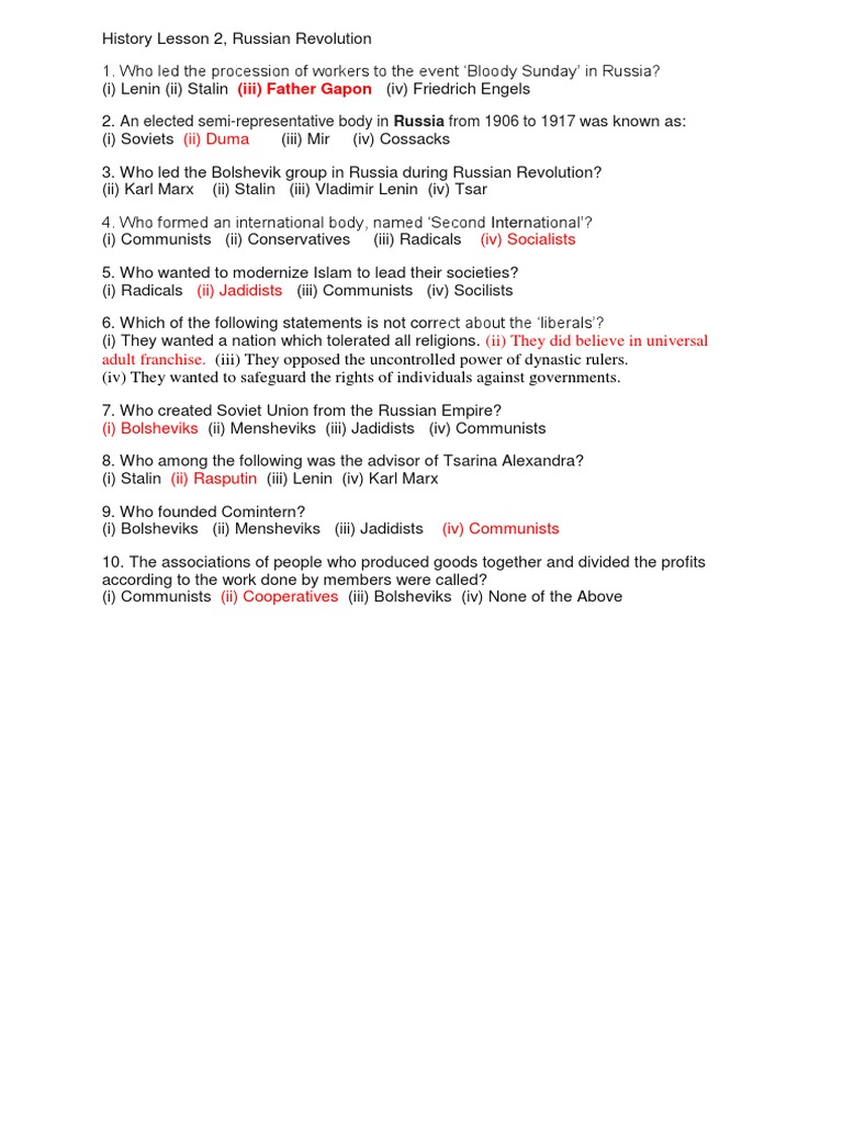 MCQs on Russian Revolution and Socialism | PDF