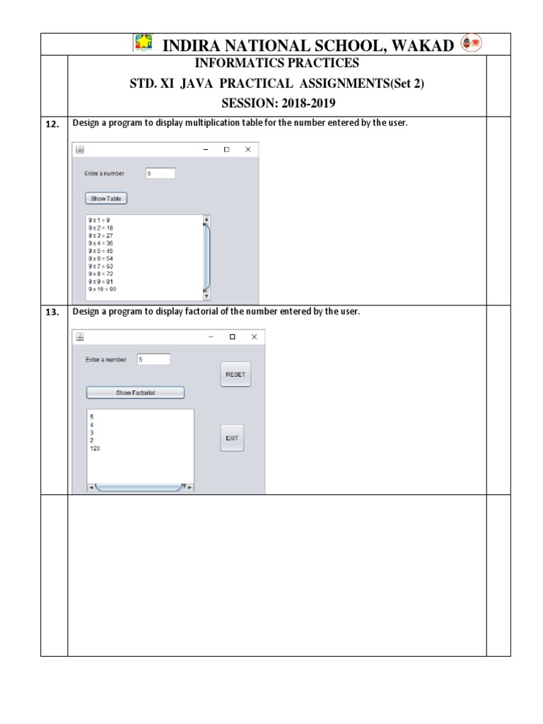 Indira National School, Wakad: Informatics Practices Std. Xi Java Practical Assignments (Set 2 ...