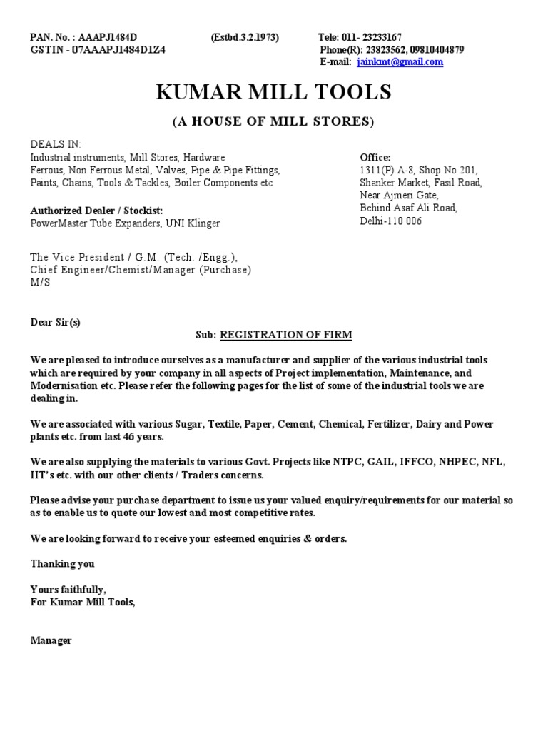 Registration of Firm - Kumar Mill Tools | PDF | Sheet Metal | Pipe ...