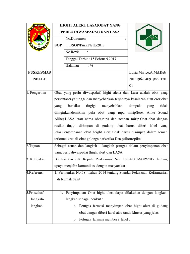 Sop High Alert Lasa | PDF