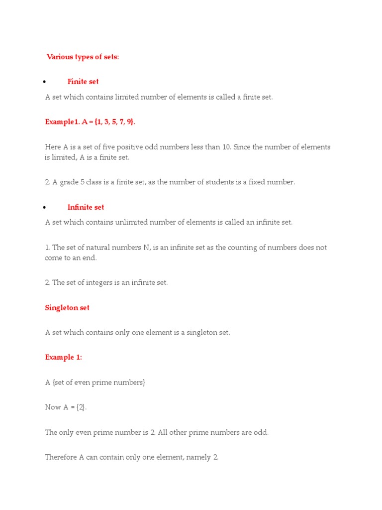 Various Types of Sets: Finite Set | PDF | Set (Mathematics) | Empty Set