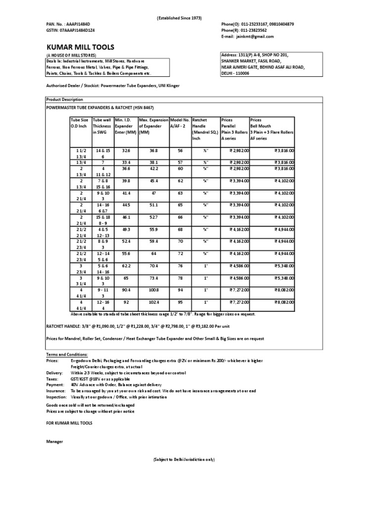 Price List - PowerMaster Tube Expander | PDF | Heat Exchanger | Pipe ...