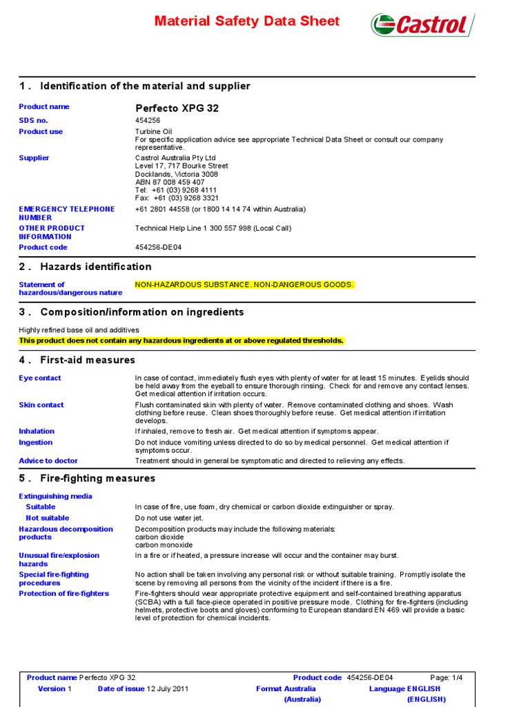 MSDS Castrol Perfecto XPG 32 | PDF | Dangerous Goods | Personal ...